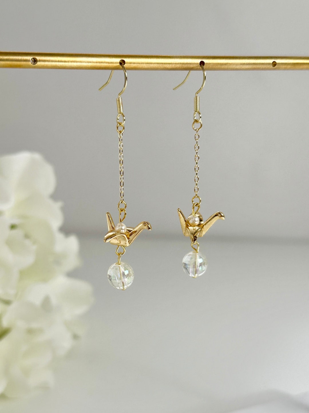 14K Gold Origami Crane Dangle Earrings, Cute Bird Earrings, Oriental ...