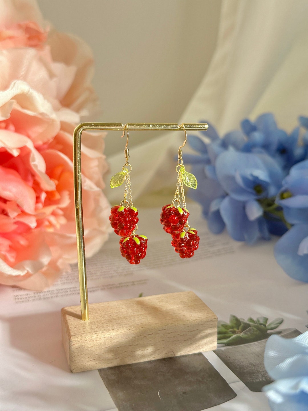 Cute Raspberry Earrings, 14K Gold Red Berry Earrings, Fruit Earrings ...