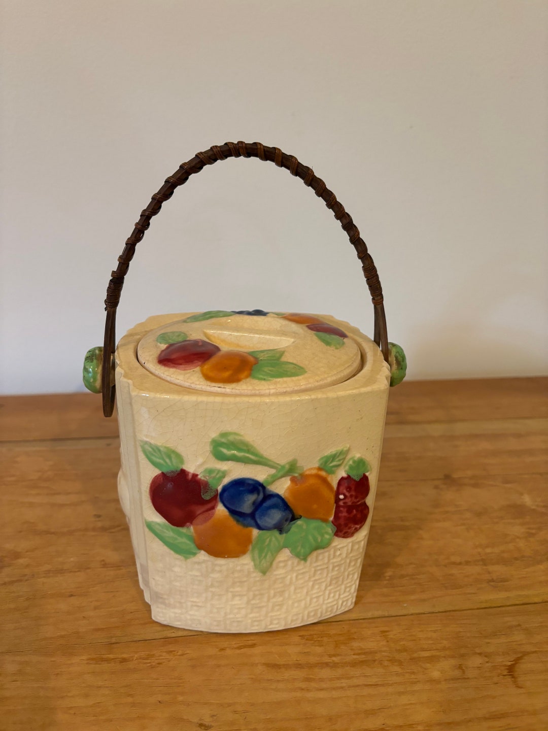 Vintage Basket Weave Cookie Jar With Fruit Motif & Rattan Handle (made ...