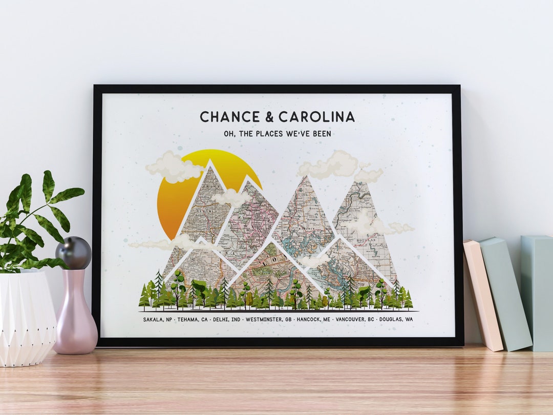 Custom Couple Travel Map Poster, Mountain Map Art, Journey Map Print ...