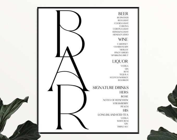 Modern Bar Menu for Wedding - 8x10 - Canva Template - Printable ...