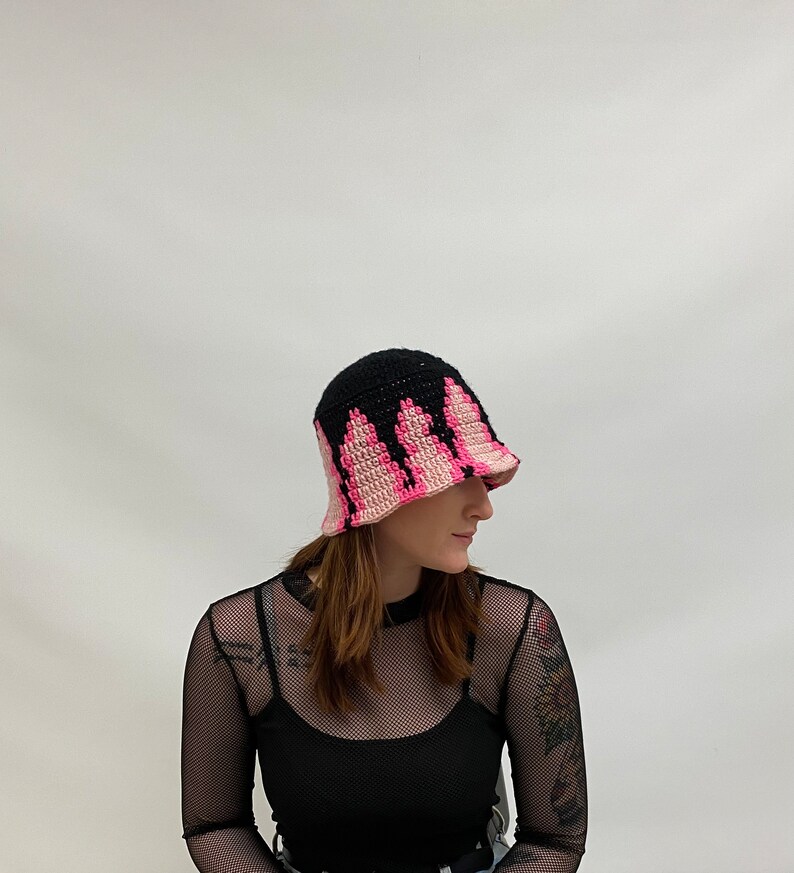 Pink Flame Anime Crocheted Bucket Hat, Anime Enthusiast Gift, Demon ...