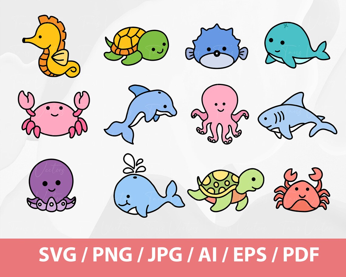 Sea Animal Clipart Ocean Animals Cute Sea Animal Cliparts - Etsy
