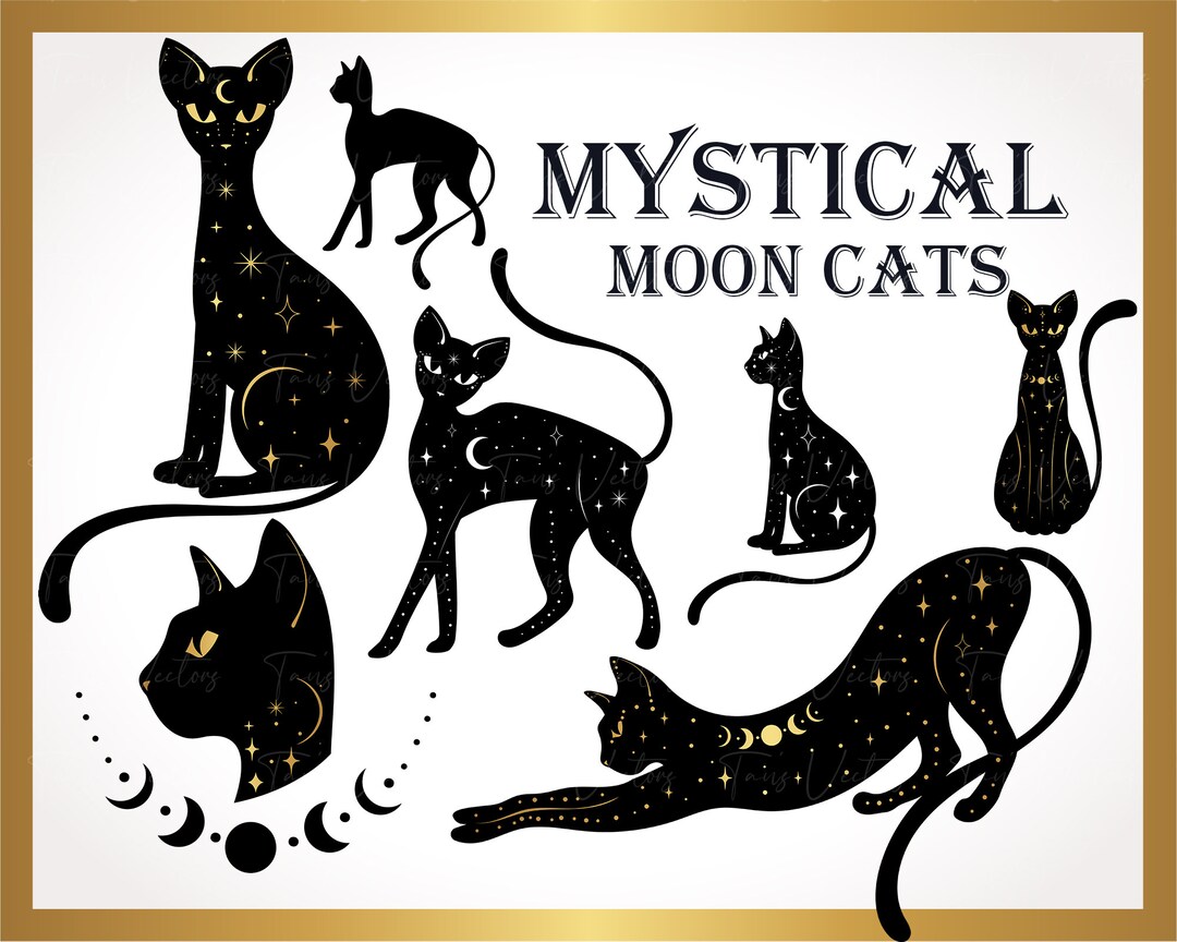 Gold and Black Mystical Cats - Cat Tattoo, Magical Cat, Mystical Moon ...