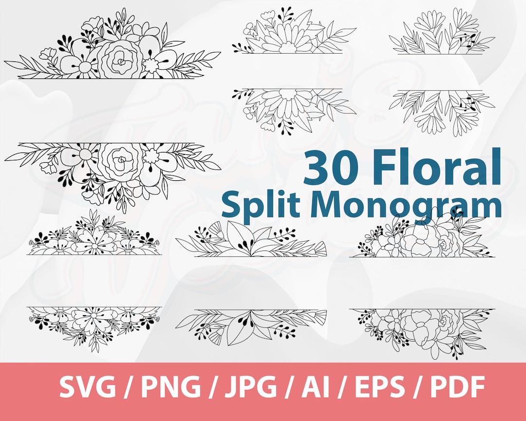 Floral Frame Split Monogram - Flower Doodle, Botanical Line Art, Flower ...