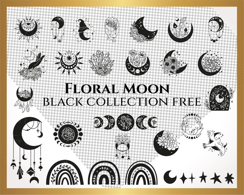 Floral Moon SVG - Gold and Black Floral Moon Svg, Tattoo Symbols ...