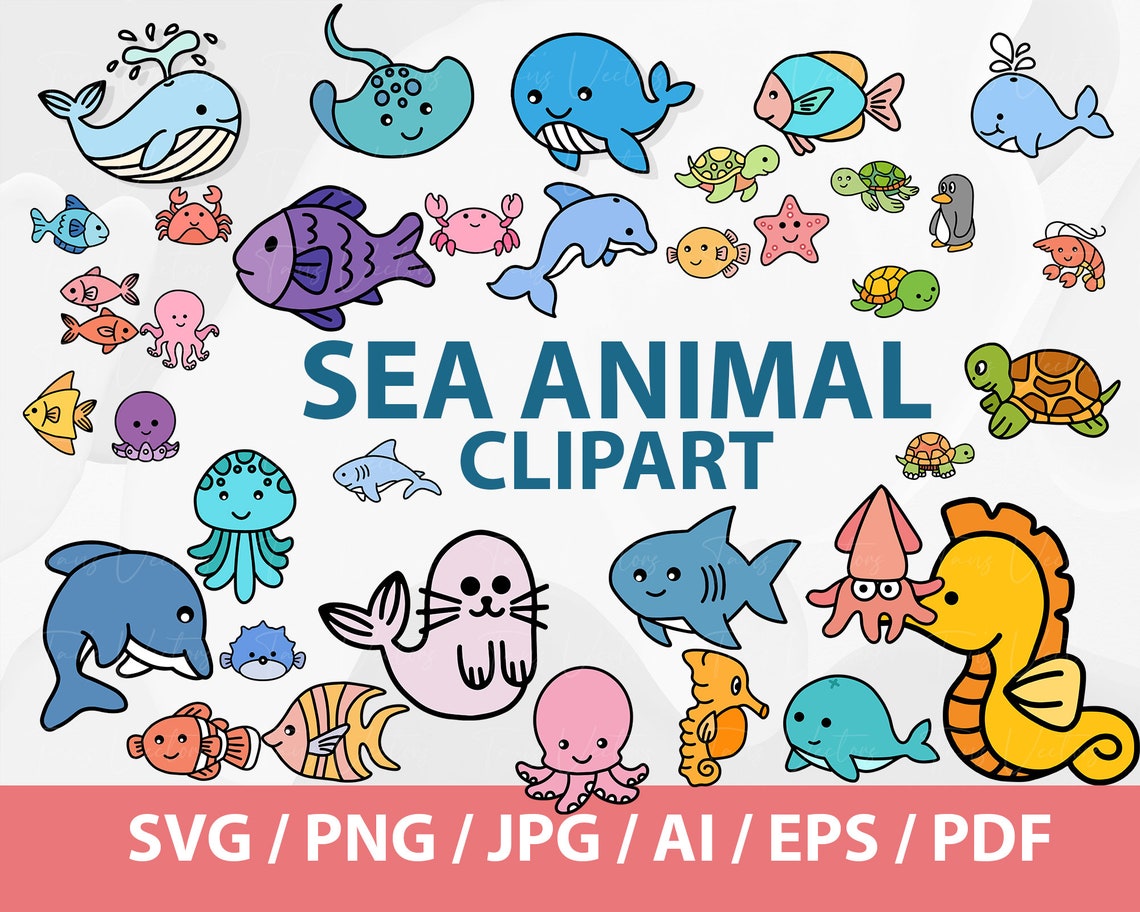 Sea Animal Clipart Ocean Animals Cute Sea Animal Cliparts - Etsy
