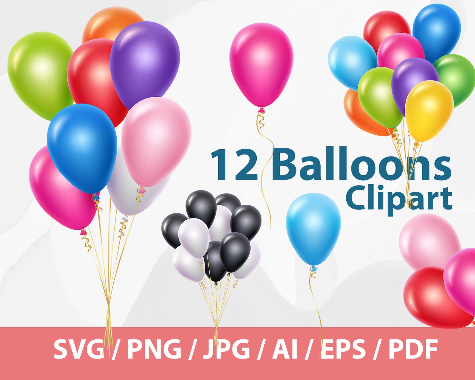 Balloons Clipart - Party Clip Art Balloons in Single and Bunches ...