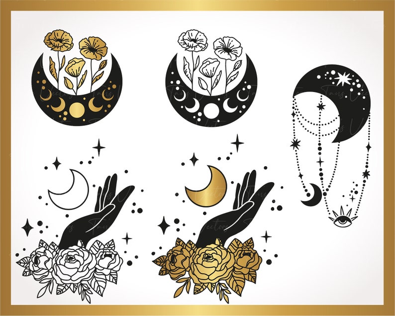 Floral Moon SVG - Gold and Black Floral Moon Svg, Tattoo Symbols ...