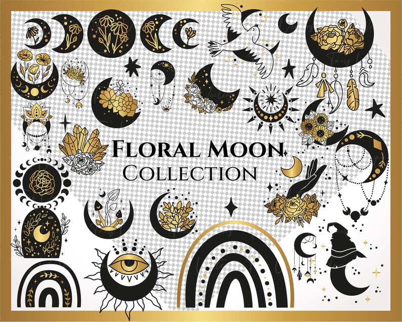 Floral Moon SVG - Gold and Black Floral Moon Svg, Tattoo Symbols ...