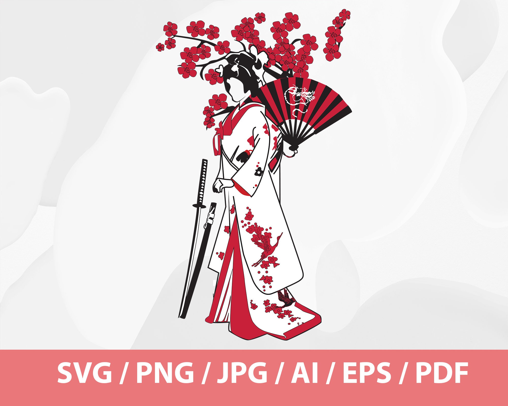Samurai Geisha Girl - Geisha Woman SVG, Samurai Sword, Japanese Kimono ...