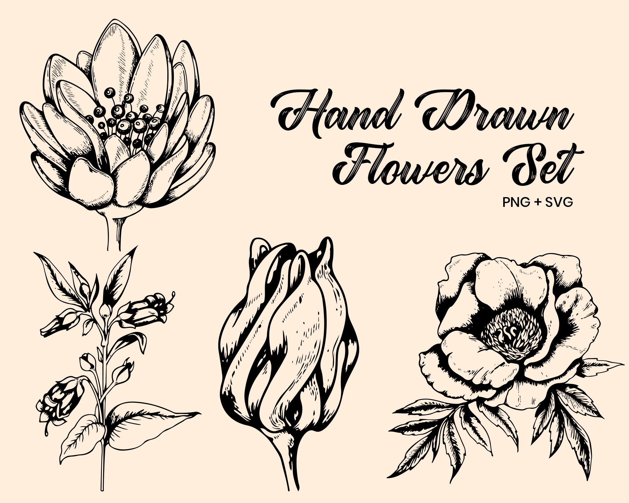 Hand Drawn Flowers SET Flowers Svg Blooming Flower Svg - Etsy Australia