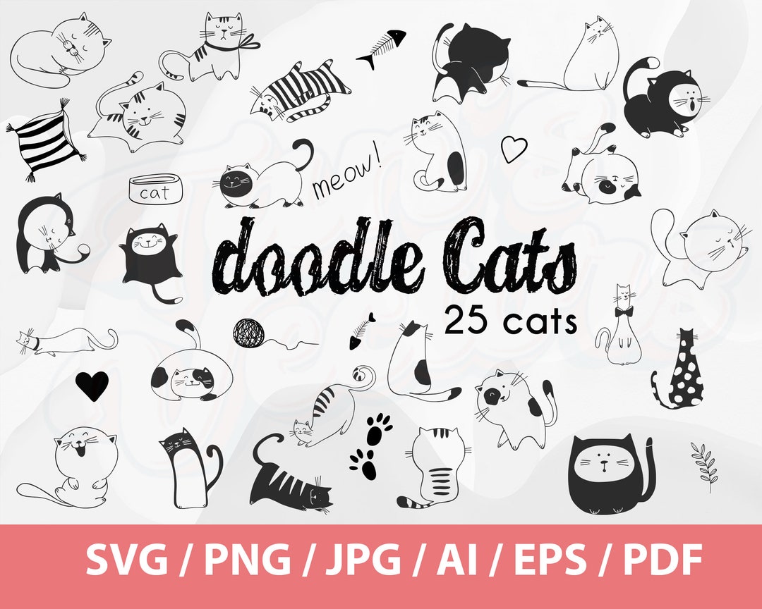 Cats Clip Art, Doodles Pet, Hand Drawn Vector, Kitty Clip Art, Black ...