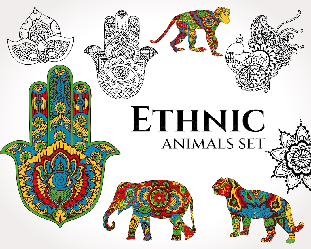 Ethnic Animals SET - Ethnic Elephant Svg, Hamsa Svg, Animal Zentangle ...