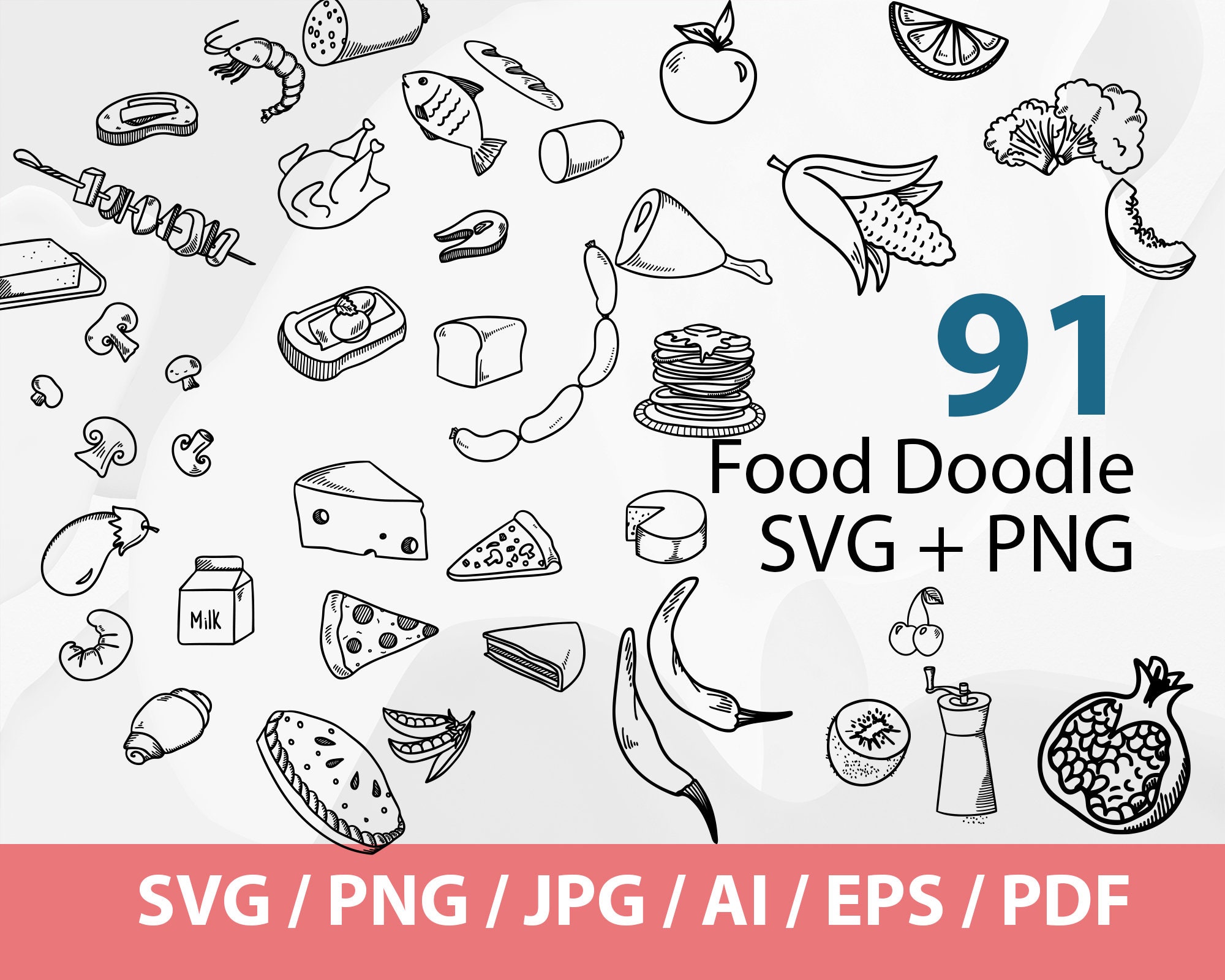 FOOD Doodle Icons Clipart Scrapbook Set Coloring Hand Drawn - Etsy