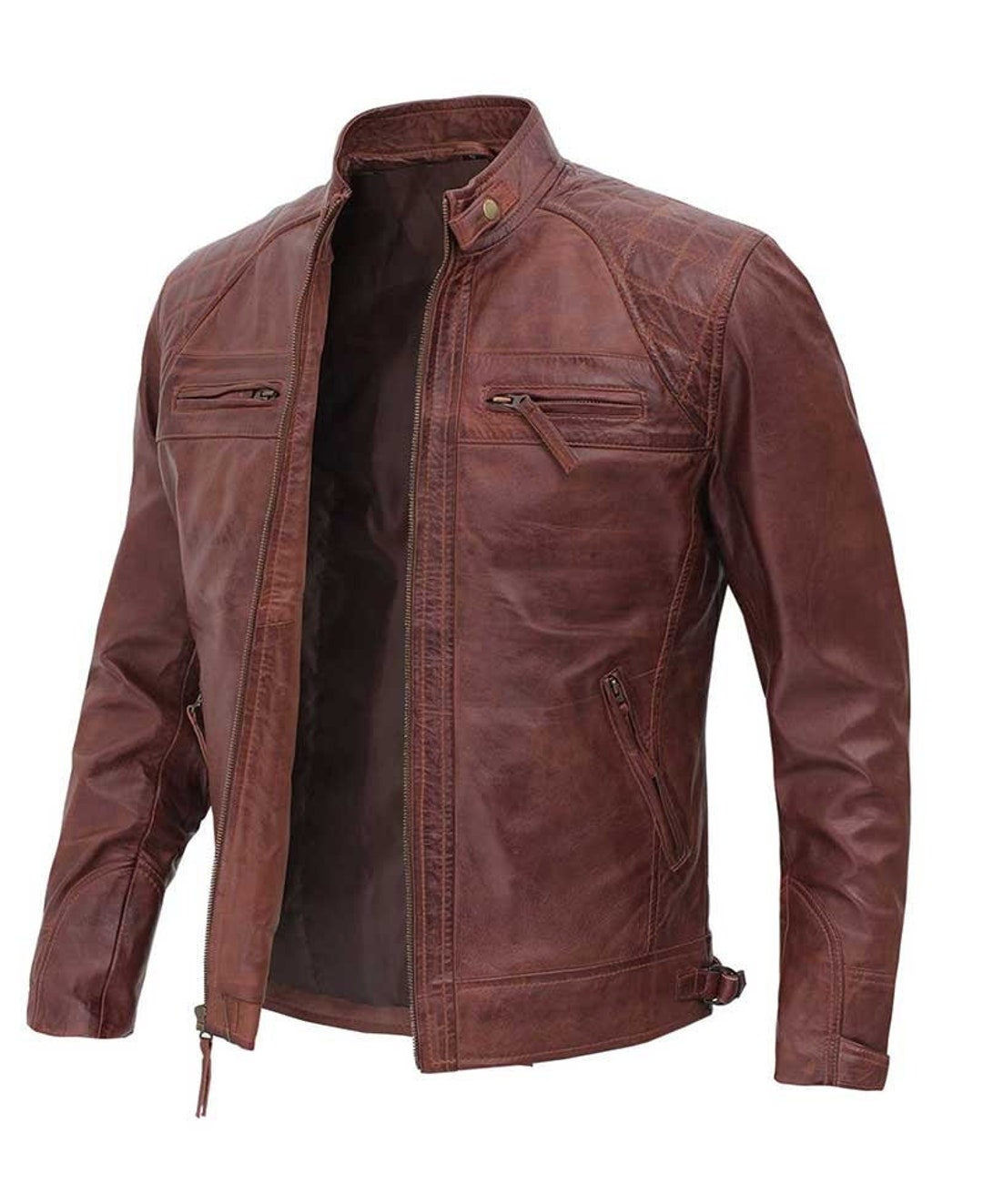 Mens Waxed Brown Leather Biker Jacket, Racer Motorcycle Jacket, Custom ...
