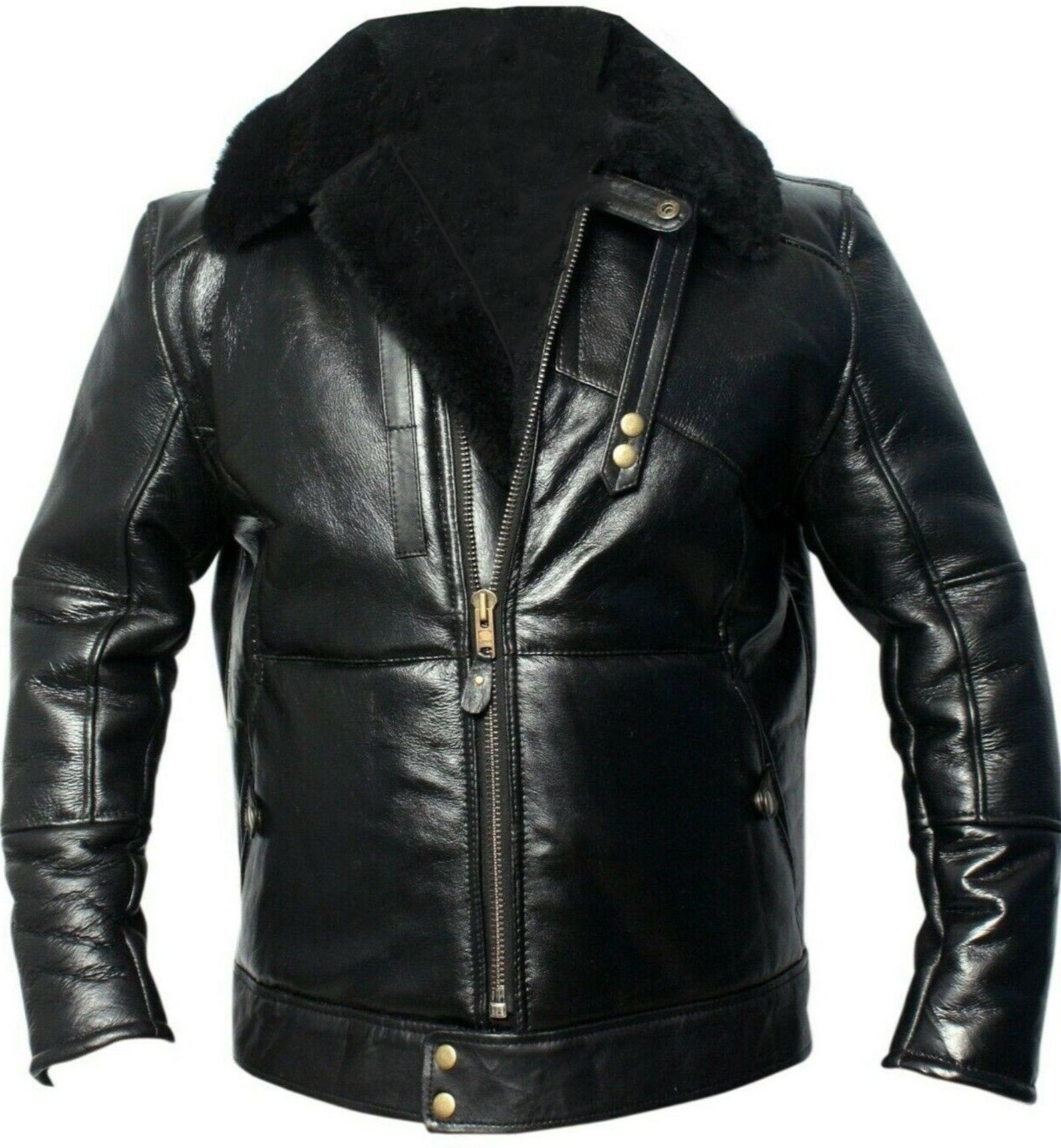 Mens Black Aviator Shearling Sheepskin Flight Pilot Flying Jacket ...