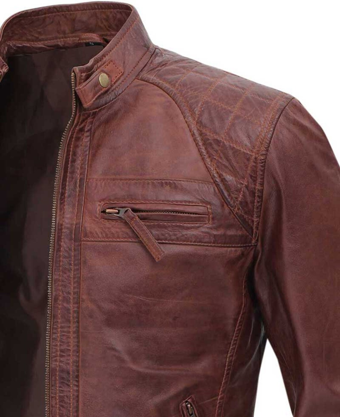 Mens Waxed Brown Leather Biker Jacket, Racer Motorcycle Jacket, Custom ...