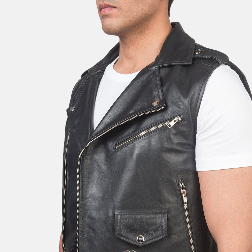 Mens Handmade Black Biker Leather Vest Vintage Moto Vest Cafe Racer ...