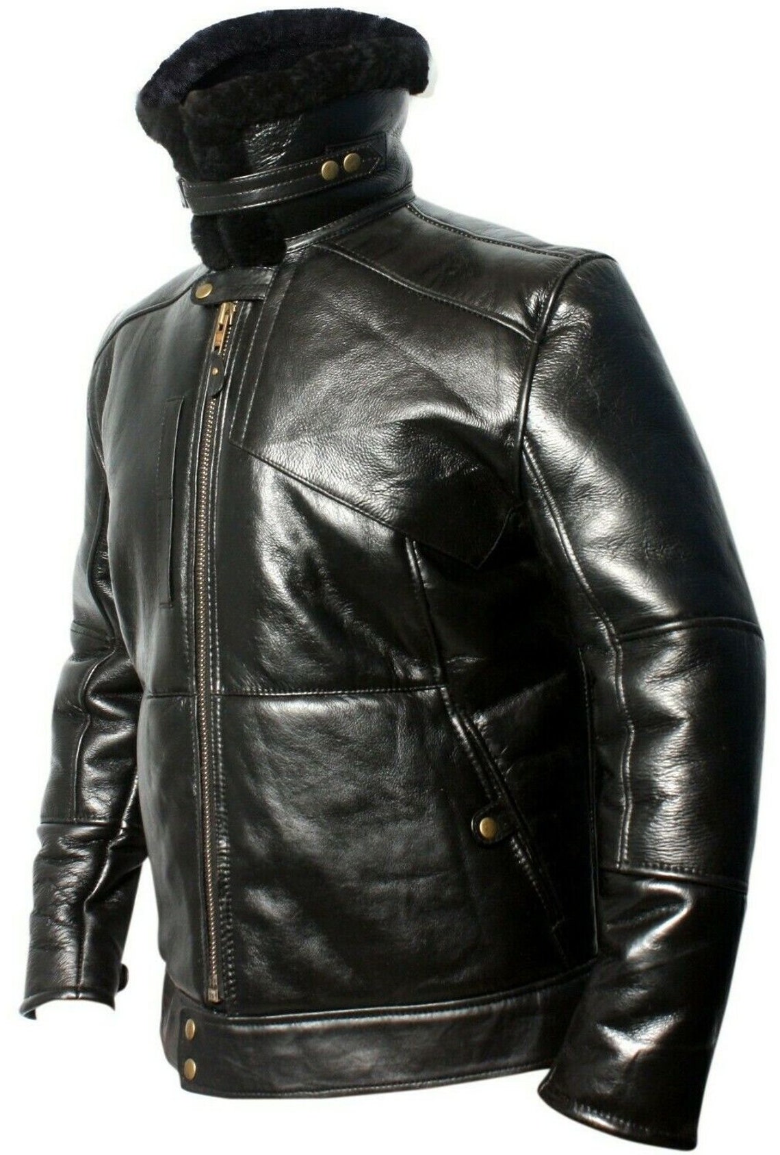 Mens Black Aviator Shearling Sheepskin Flight Pilot Flying Jacket ...