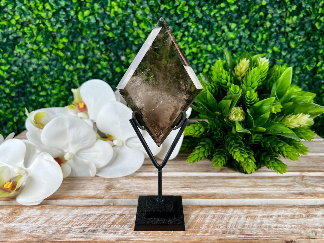 Smokey Quartz Diamond on Black Stand, Polished Mineral Carving, Home ...