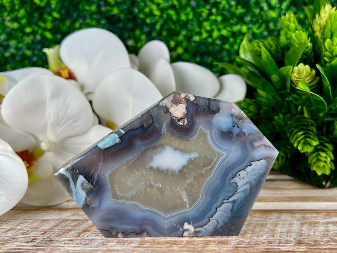 Black Flower Agate Slab With Green Quartz, Black Cherry Blossom, Green ...