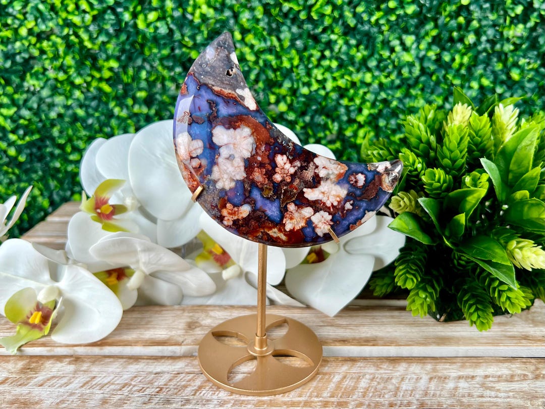 Blue Flower Agate Moon With Custom Gold Stand, Cherry Blossom Agate ...