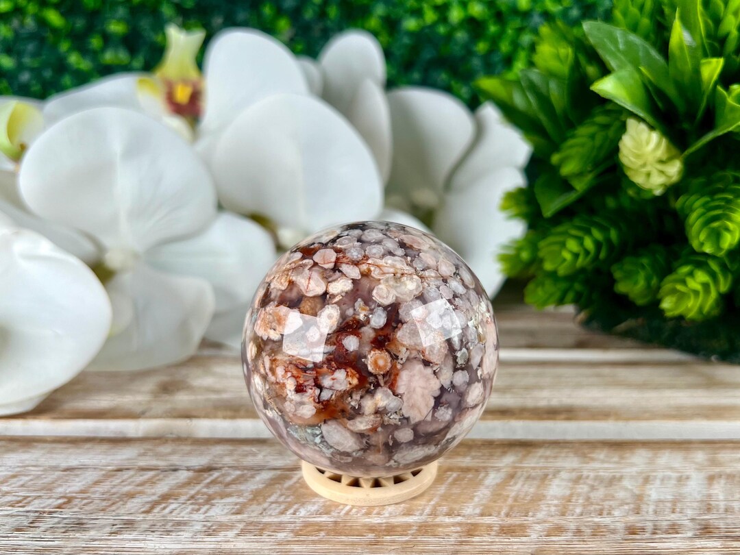 Blue Flower Agate Sphere With Many Flowers, Cherry Blossom Crystal Ball ...