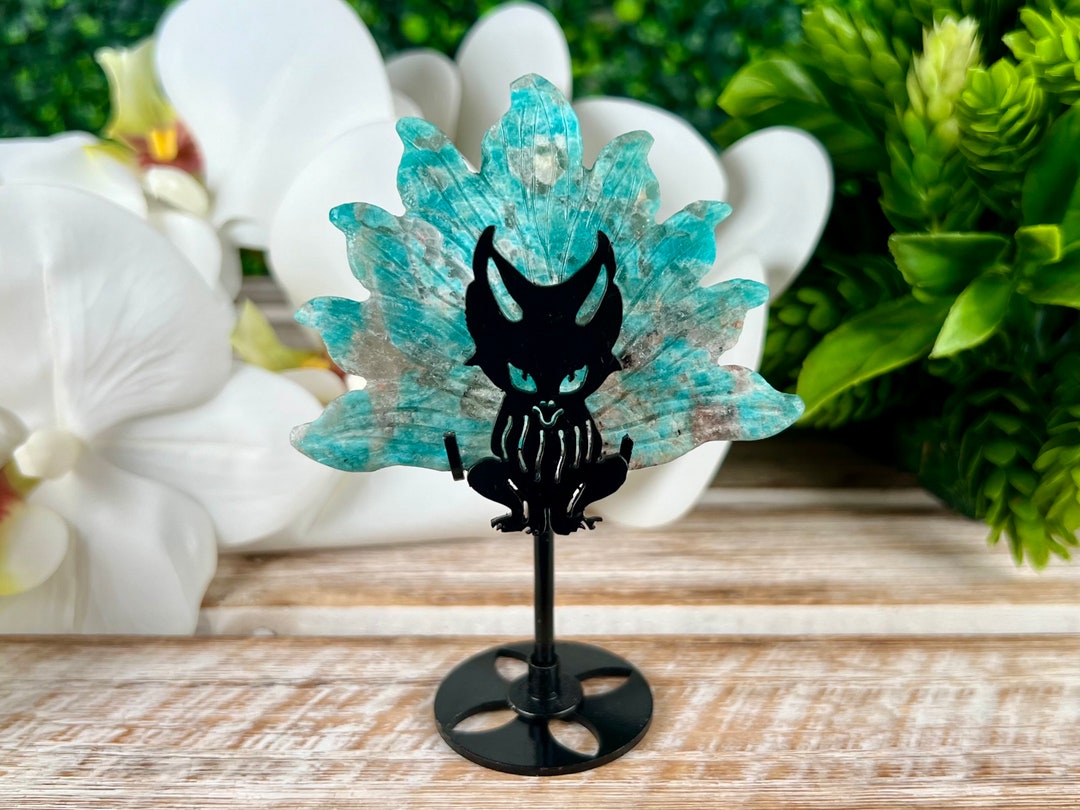 Amazonite Smokey Quartz 9 Tail Fox Carving With Black Stand, Crystal ...