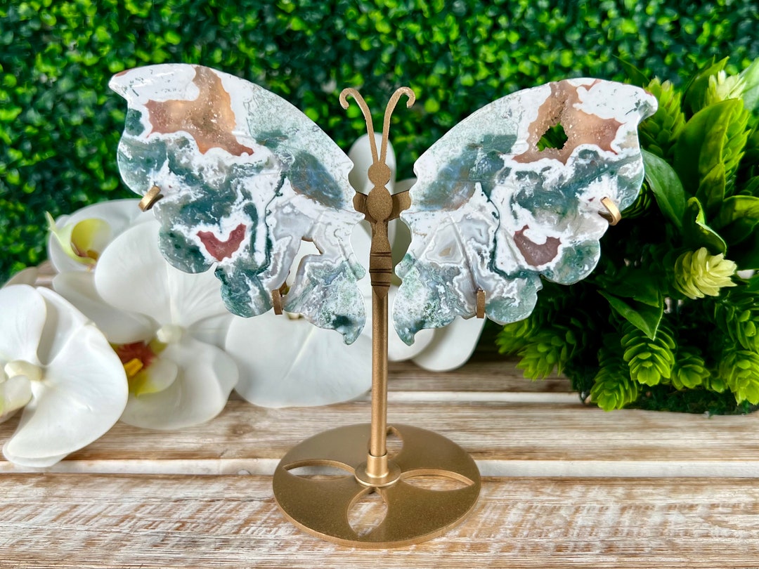 RARE Pink Moss Agate Butterfly Wings With Custom Gold Stand and Geode ...