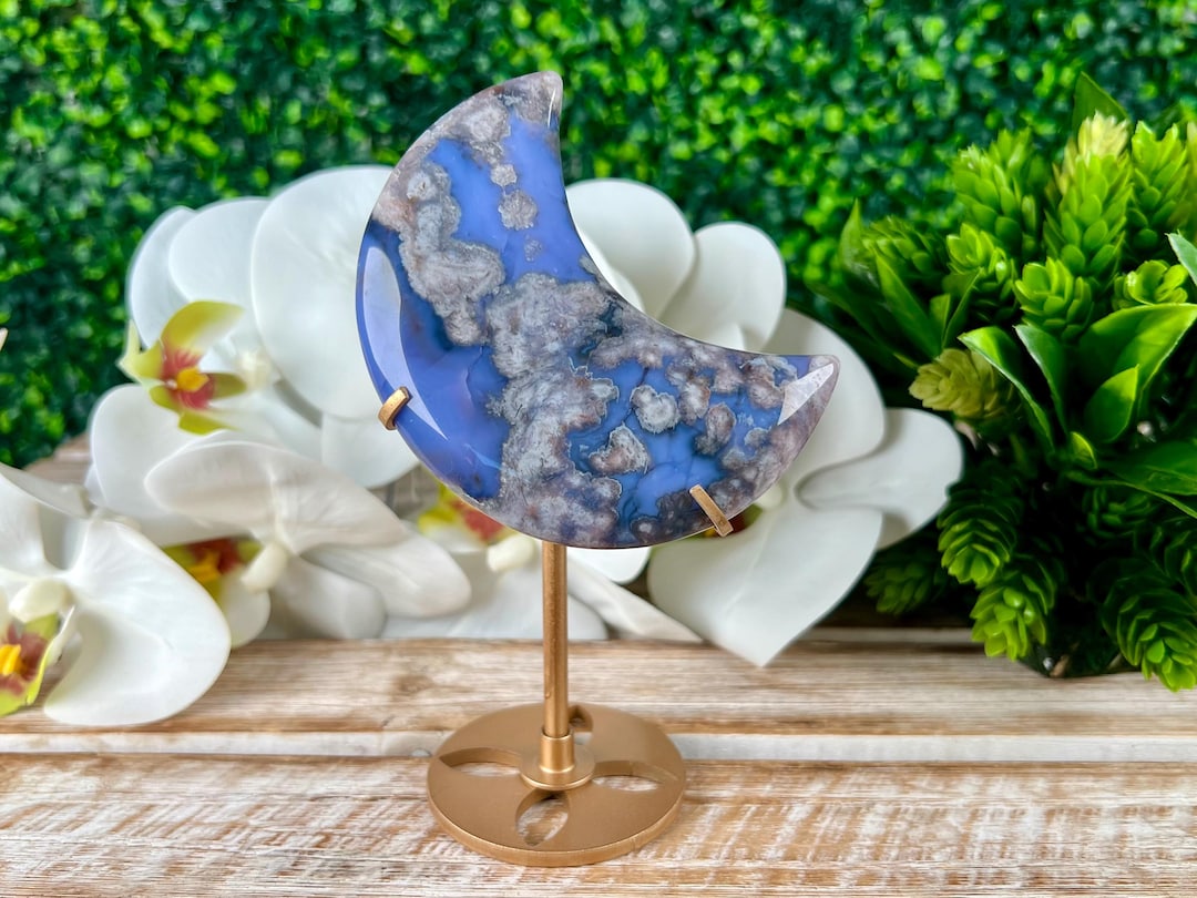 Blue Flower Agate Moon With Custom Gold Stand, Cherry Blossom Agate ...