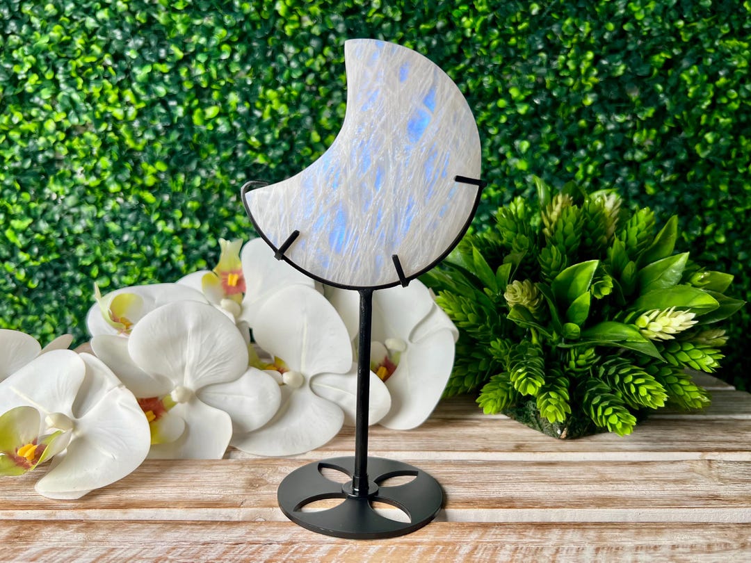 White Moonstone Moon With Custom Black Stand and Blue Flash, Polished ...