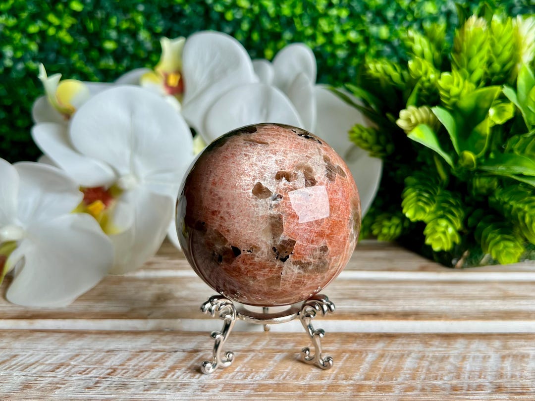 Sunstone Sphere With Smoky Quartz and Rainbow Inclusions, Natural ...