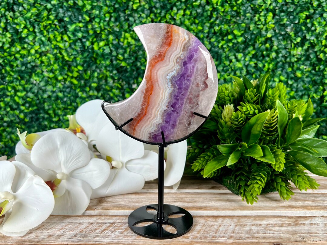 Mexican Amethyst Crazy Lace Agate Moon Carving With Custom Black Stand ...