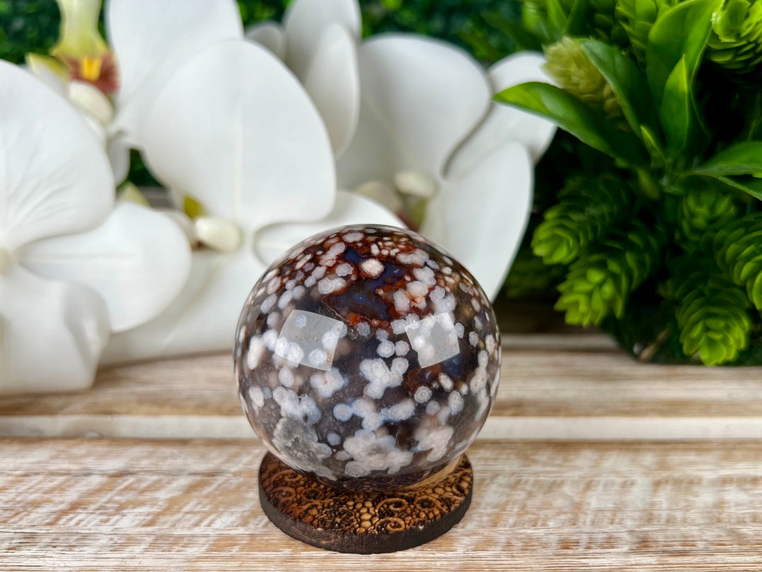 Black Flower Agate Sphere With Many Flowers, Cherry Blossom Crystal ...