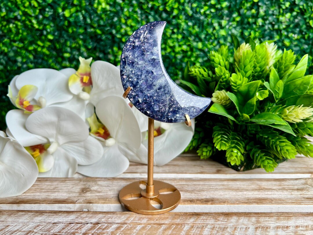 RARE Iolite Sunstone Moon Carving With Gold Stand, Water Sapphire ...