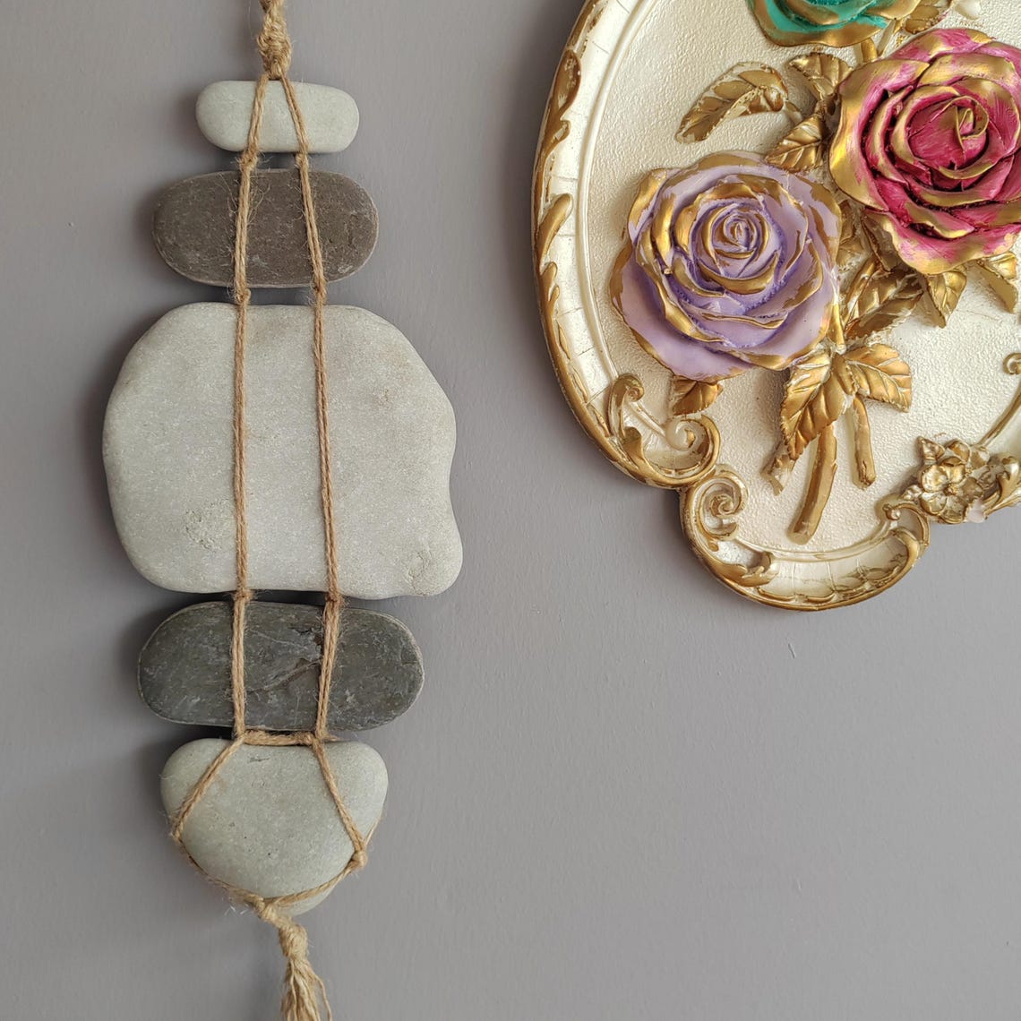 Beach Stone Wall Hanging: Jute Wrapped Pebble Ornament - Etsy