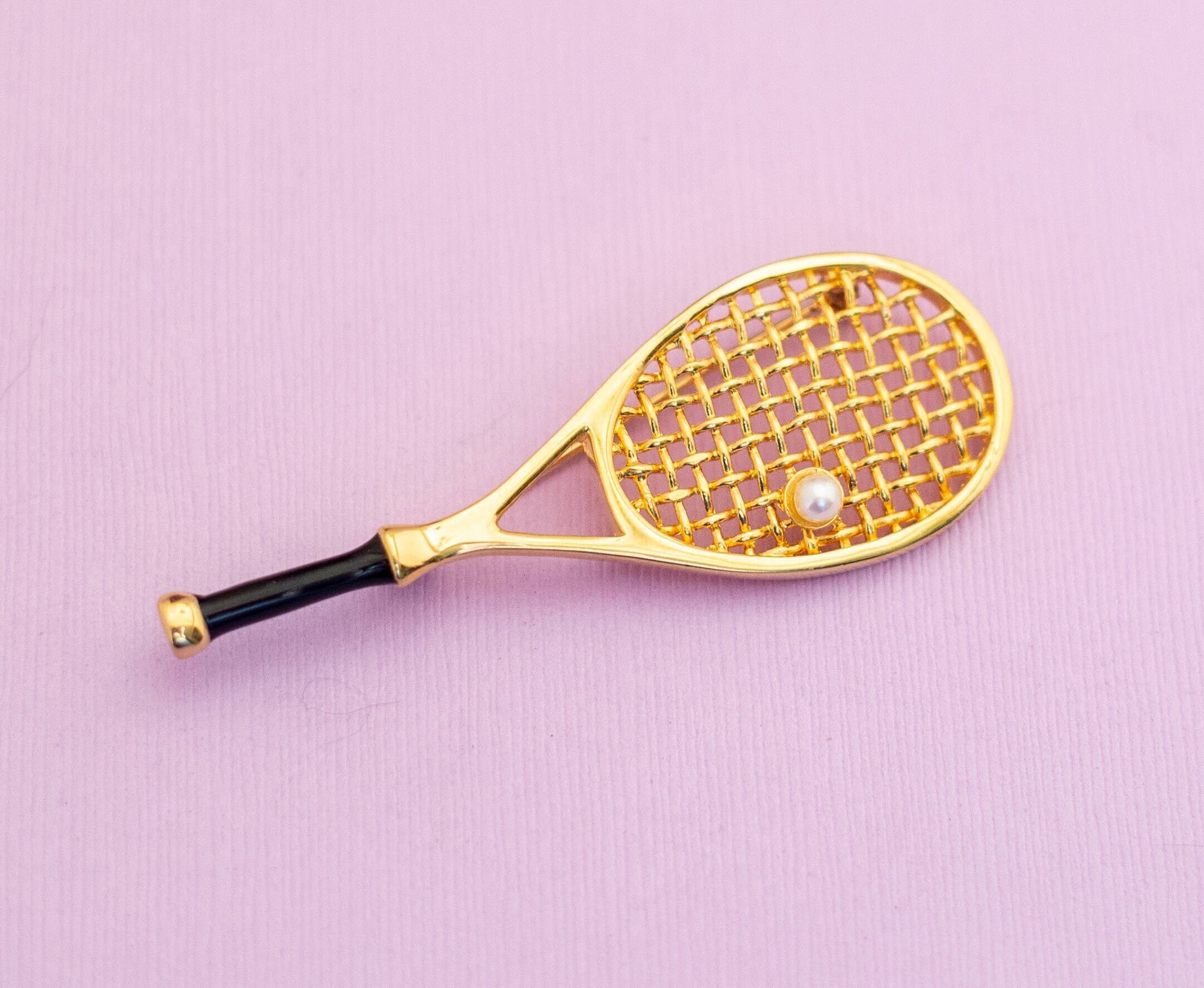 Vintage Art Deco Gold Tone Tennis Racket Pearl Brooch HB17 - Etsy