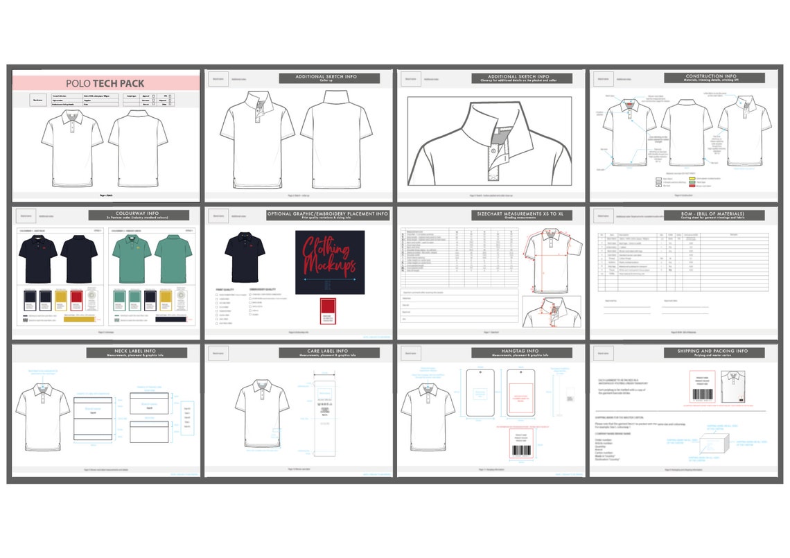 Polo Shirt Pique TECH PACK Illustrator Photoshop Procreate Size Chart ...