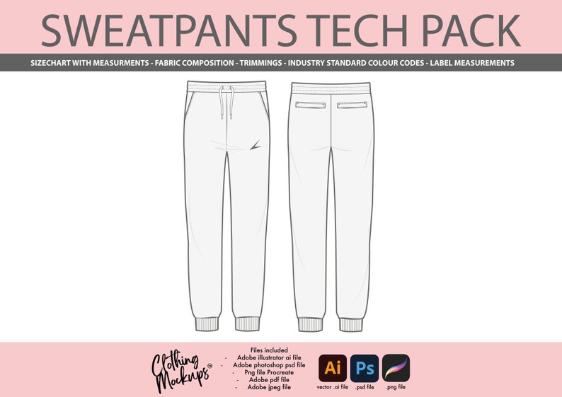 Sweatpants Joggers TECH-PACK Illustrator Photoshop Procreate Size Chart ...