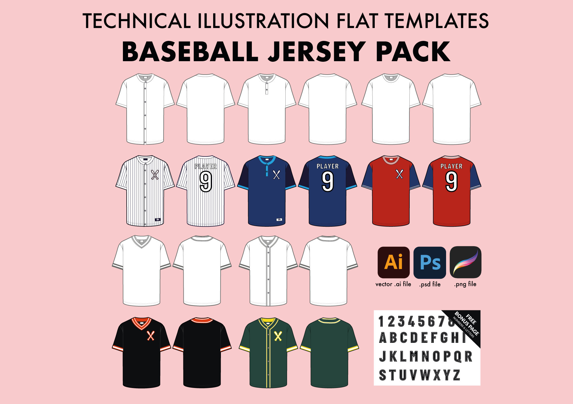 Baseball Jersey Pack Illustrator Photoshop Procreate Flat Illustrations ...