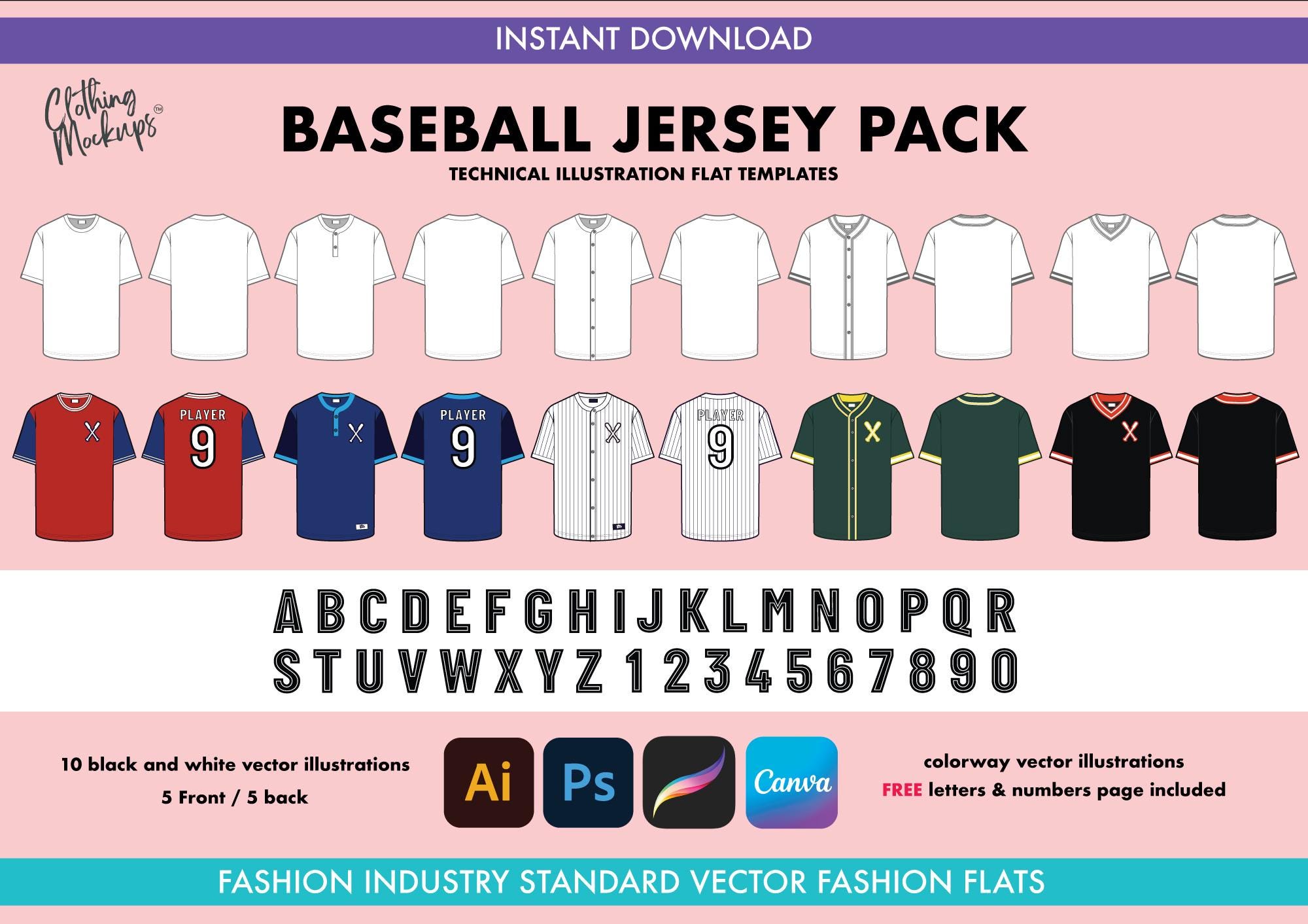 Baseball Jersey Pack Illustrator Photoshop Procreate Canva Flat ...