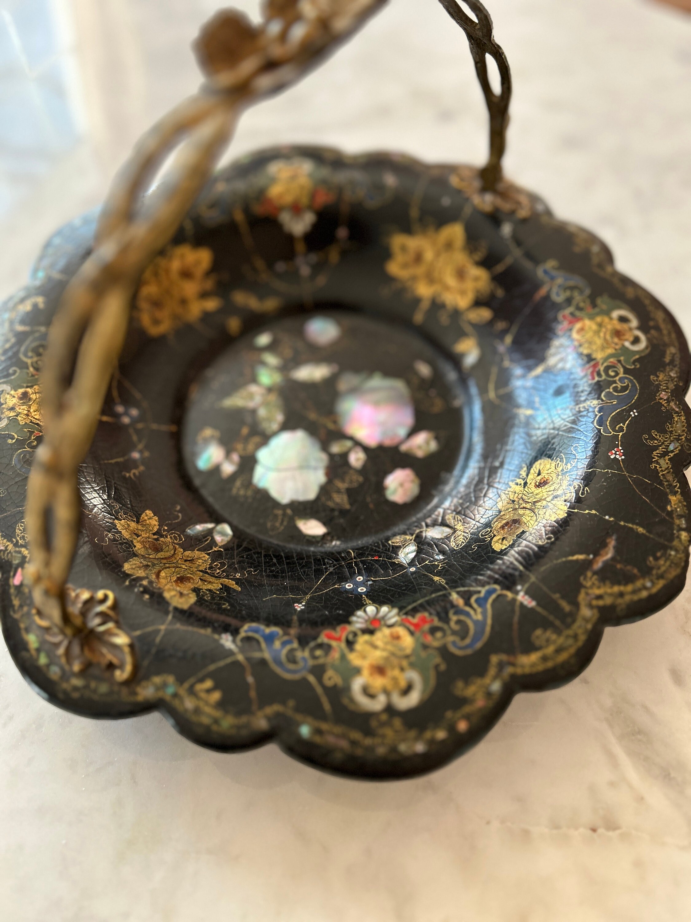 Antique Navy Blue Paper Mache Bowl With Floral Detail, Gold Metal ...