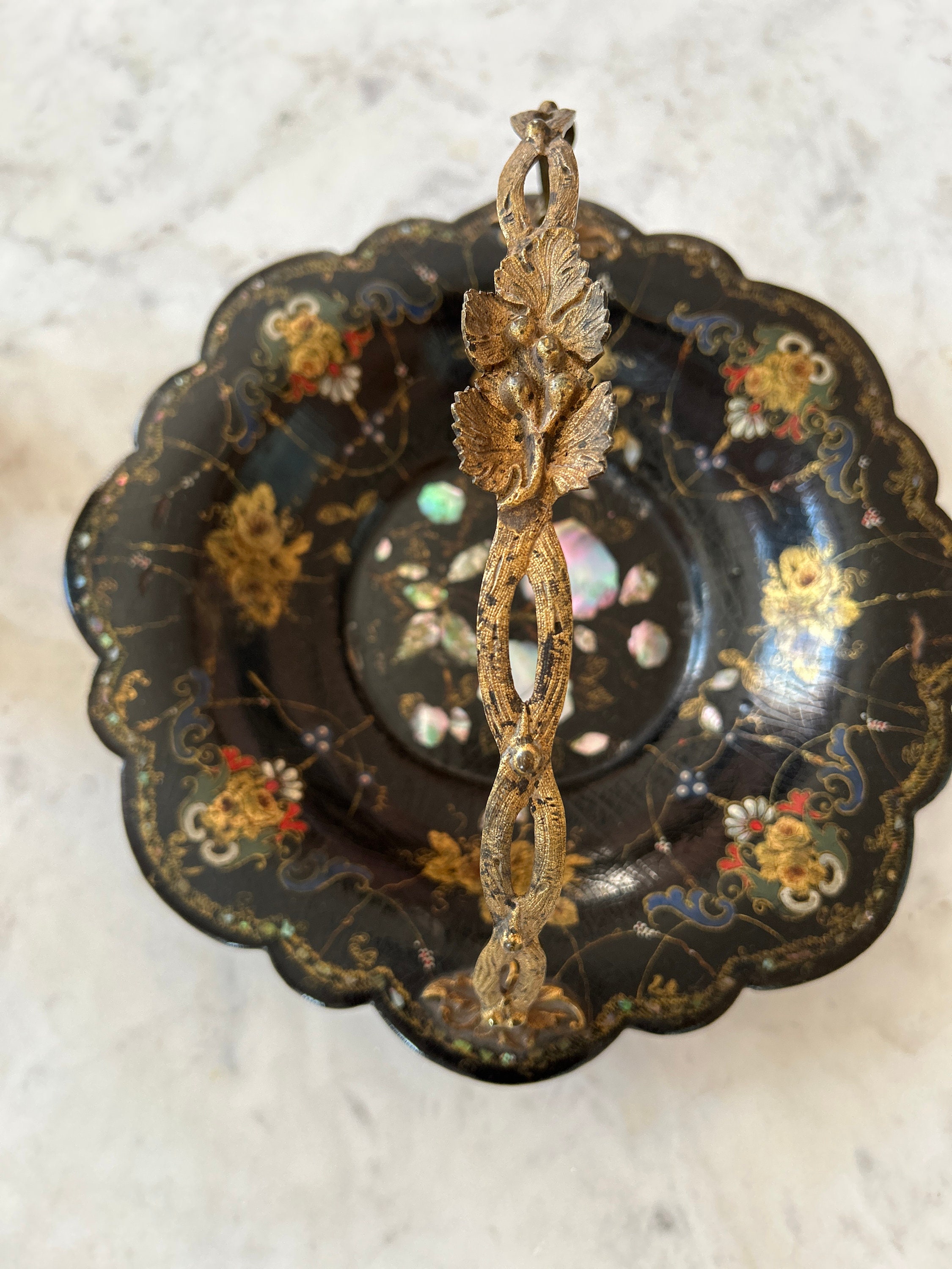 Antique Navy Blue Paper Mache Bowl With Floral Detail, Gold Metal ...