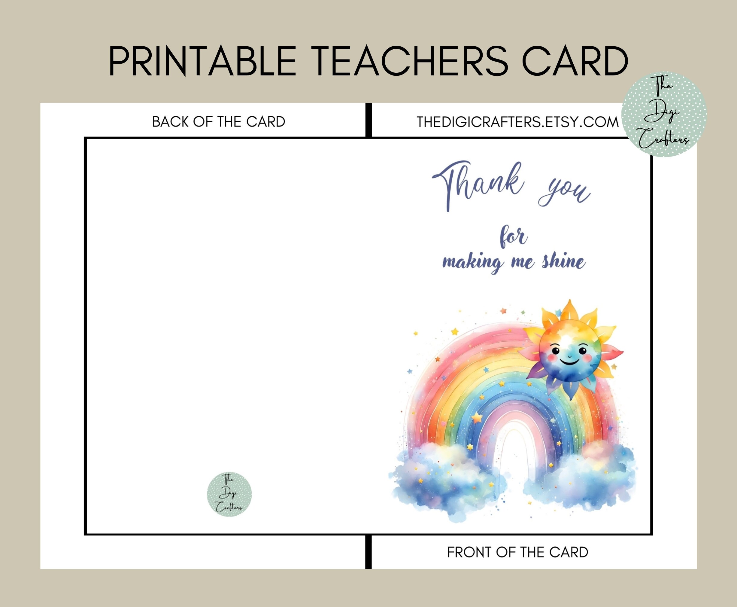 Printable Teachers Card. Instant Download. 7 X 5 Inch Thank You Card ...
