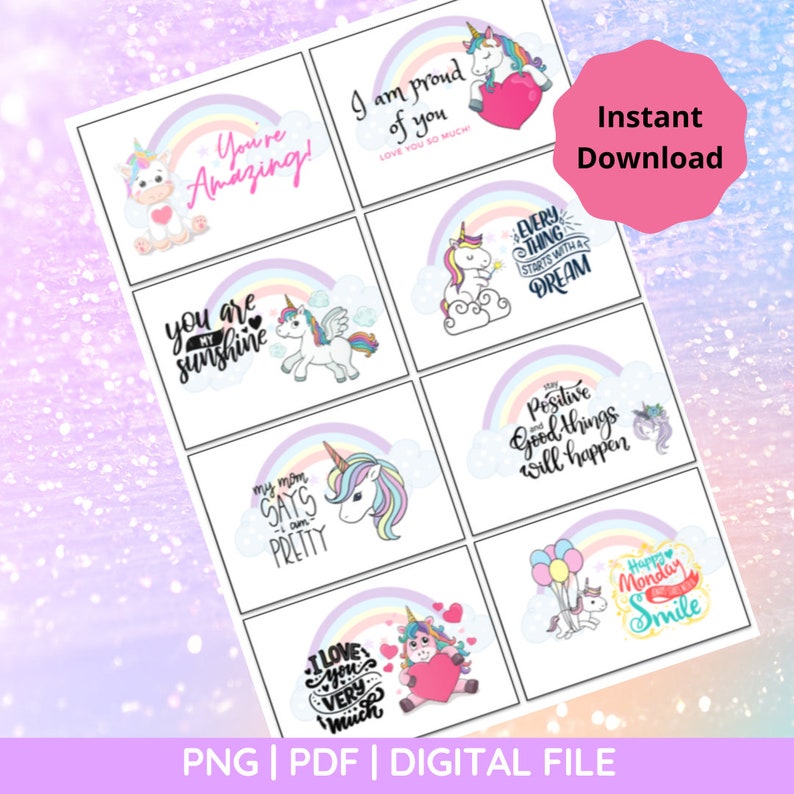 Unicorn Lunch Box Notes, Lunch Note Cards, Back to School Lunchbox ...