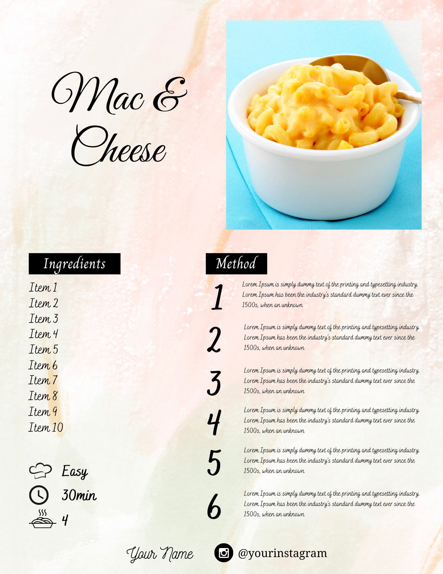 Editable Recipe Card, One Single Page Recipe Template, Printable Recipe ...
