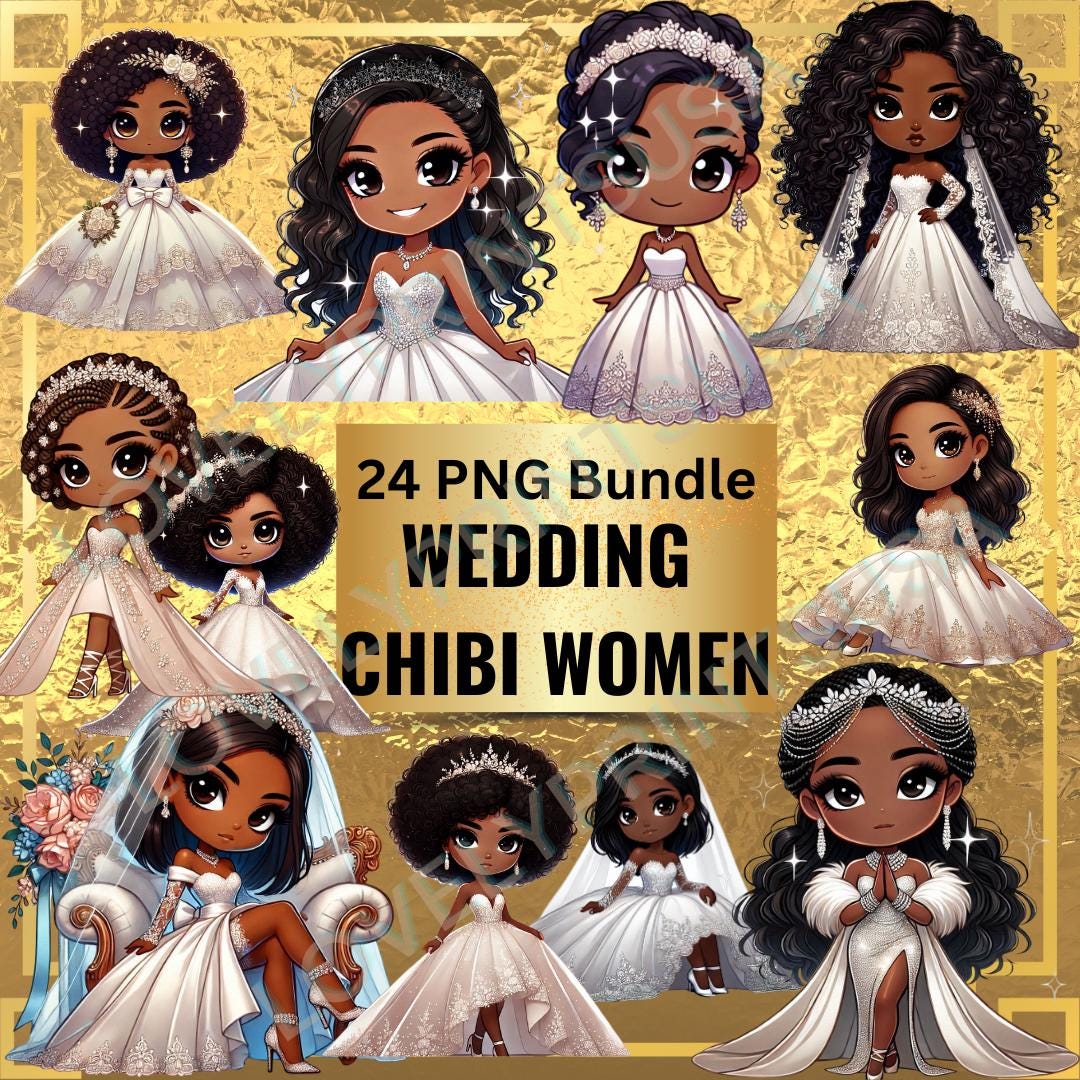 African American Bride Chibi Clipart, Wedding Dress PNG Bundle (digital ...