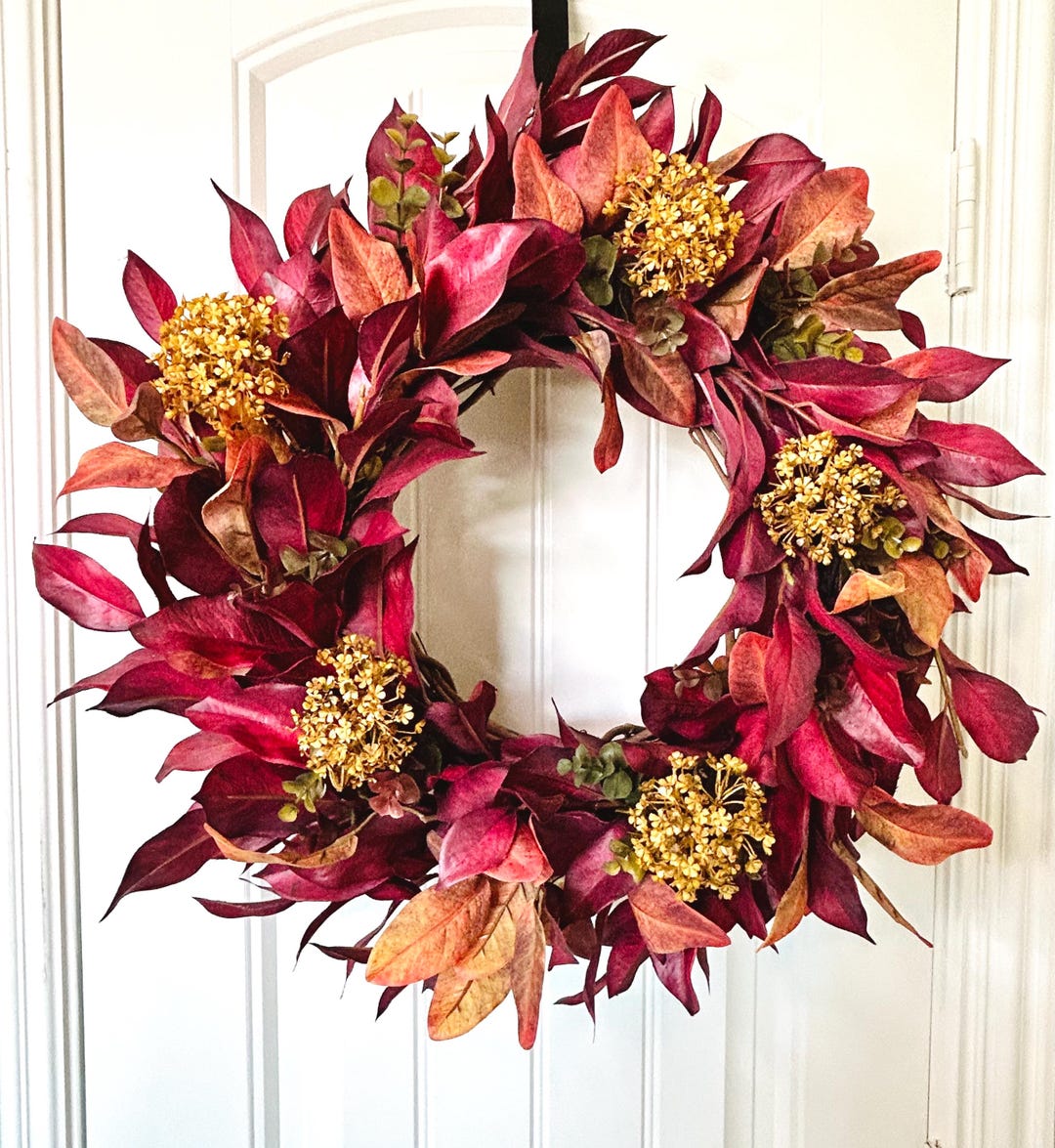 Fall Laurel Leaves Wreath With Eucalyptus for Door, Burgandy Autumn ...