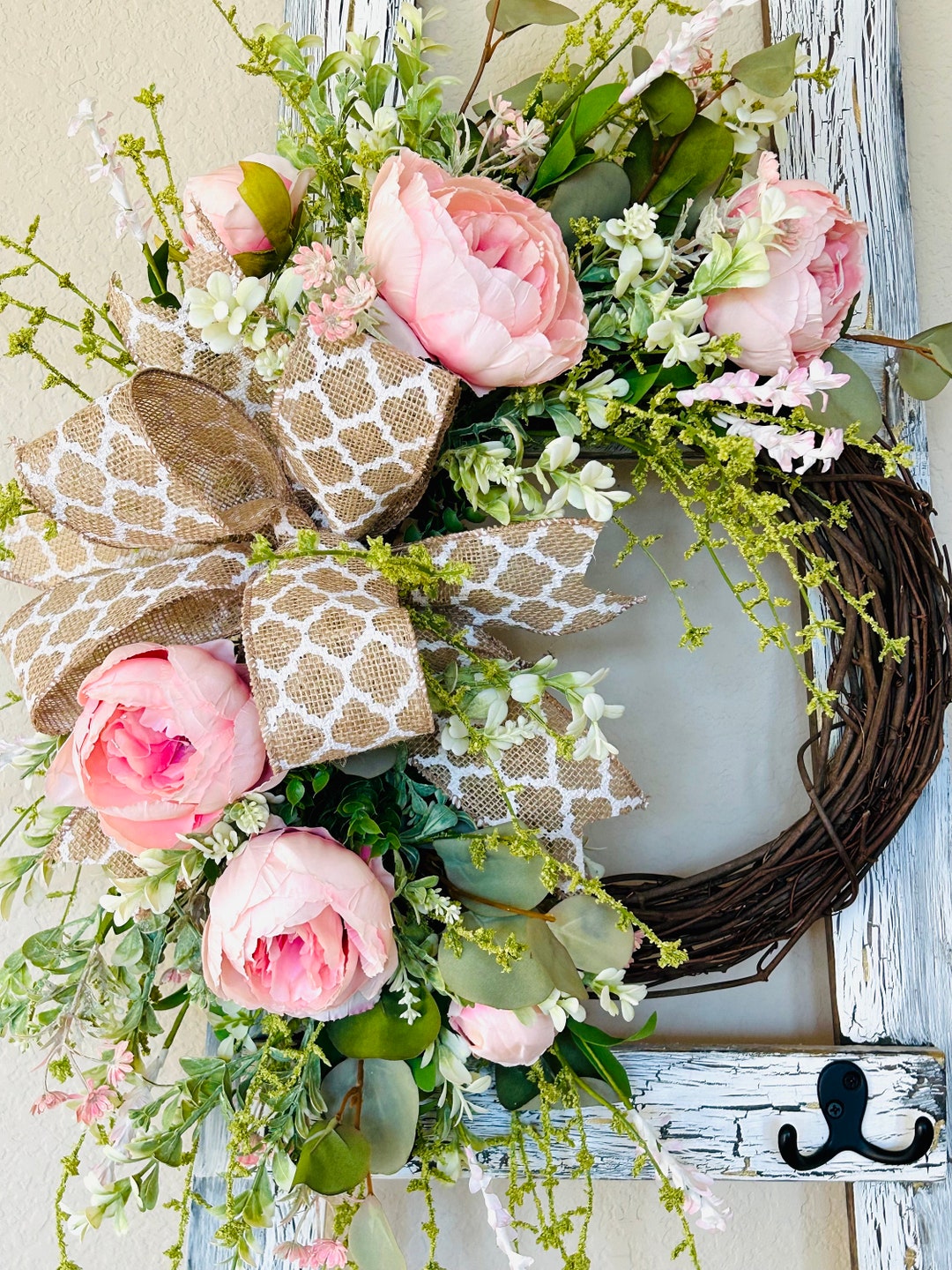 Spring Peony Wreath, Eucalyptus Greenery Pink Peony Farmhouse Wreath ...